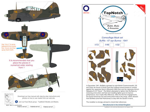 TopNotch 72-M197 Brewster Buffalo - RAF 67 Sqn Burma 1941 - camouflage pattern paint masks