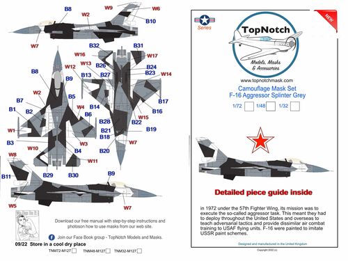 TopNotch 72-M127 Lockheed Martin F-16 C Fighting Falcon - 'Aggressor' Splinter Black/Gray camouflage pattern paint masks