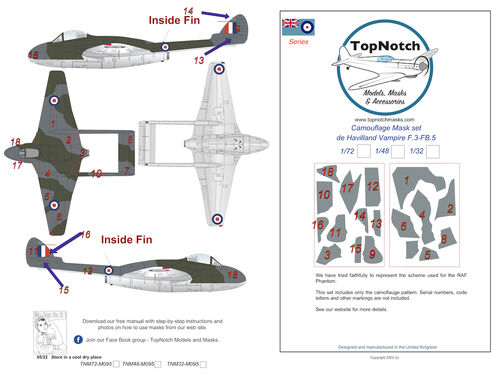 TopNotch 72-M095 de Havilland Vampire F.3 / FB.5 - camouflage pattern paint mask