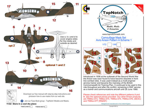 TopNotch 72-M072 Avro Anson Mk.I - Pattern A Scheme 1 camouflage pattern paint masks (for Airfix and Special Hobby kits)