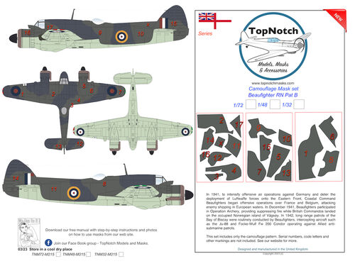 TopNotch 48-M215 Bristol Beaufighter - Royal Navy Pattern B camouflage pattern paint masks