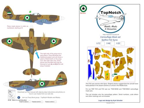 TopNotch 48-M063 Supermarine Spitfire Mk.22 - Syrian Air Force - Desert Scheme camouflage pattern paint masks (for Airfix, Eduard and Falcon kits)