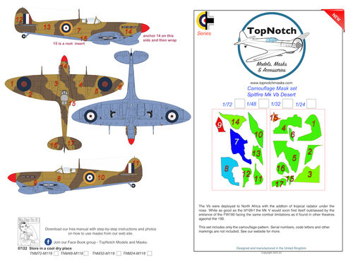 TopNotch 48-M118 Supermarine Spitfire Mk.Vb - Desert camouflage pattern paint masks (for Airfix, Eduard, ICM and Tamiya kits)