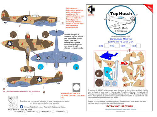 TopNotch 48-M121 Supermarine Spitfire Mk.Vc - Desert USA camouflage pattern paint masks (for Airfix, Eduard, ICM and Tamiya kits)