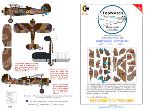 TopNotch 32-M179 Gloster Gladiator Mk.I - Desert/Shadow camouflage pattern paint masks (for ICM and Silver Wings kits)