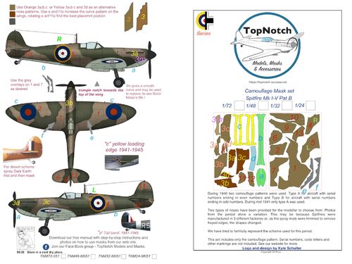 TopNotch 32-M051 Supermarine Spitfire Mk.I to Mk.V - Pattern B camouflage pattern paint masks (for Revell kits)