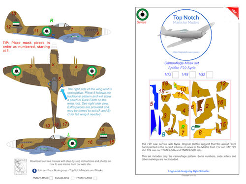 TopNotch 32-M058B Supermarine Spitfire F.22 - Desert Scheme Syrian Air Force - camouflage pattern paint masks (for Matchbox and Revell kits)