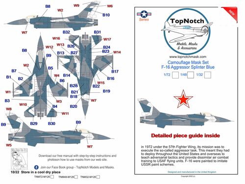 TopNotch 32-M126 Lockheed-Martin F-16 C Fighting Falcon - 'Aggressor' Splinter Blue camouflage pattern paint masks (for Italeri, Revell and Tamiya kits)