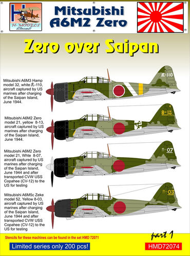 H-Model Decals D72074 Mitsubishi A6M 2/3/5 Zero - Over Saipan (Part 1)