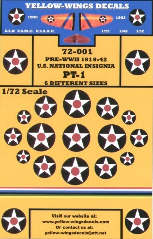 Yellow Wings 72001 US National Insignia PT-1 (1919-1942) Star with Red Centre, 6 sizes
