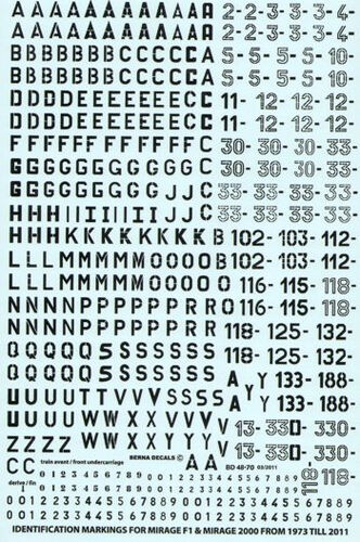 Berna Decals 48070 French Armee de l'Air Identification letters and numbers for Dassault Mirage F.1 and Mirage 2000 (1973 - 2011)
