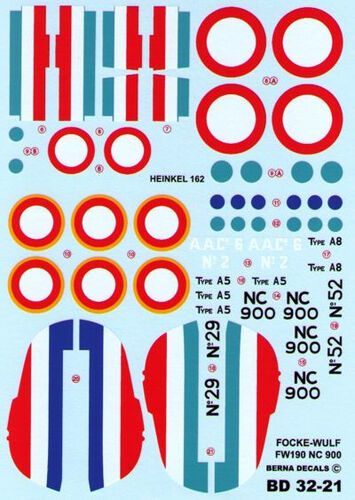 Berna Decals 32021 Heinkel He-162 A-2 and Focke-Wulf Fw-190 A-5/8 captured and in French colours (4 schemes)