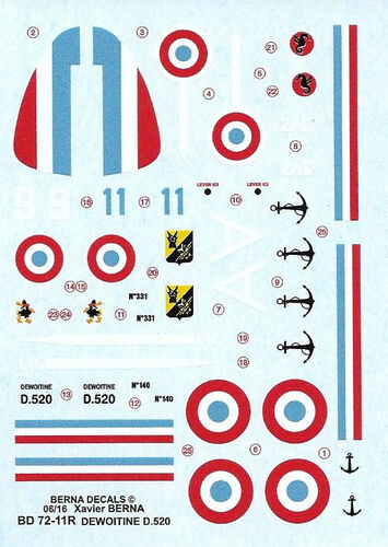 Berna Decals 72011R Dewoitine D.520 GCIII/6 (3 schemes)