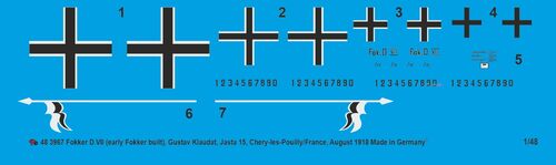 Peddinghaus-Decals 3967 Fokker D.VII (Early Fokker Build), Gustav Klaudat, Jasta 15, Chery-Les-Pouilly/France, August 1918