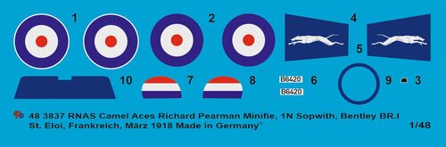 Peddinghaus-Decals 3837 Sopwith Camel RNAS Richard Pearman Minifie, 1N Sopwith, Bentley BR.I, St Eloi, France, March 1918