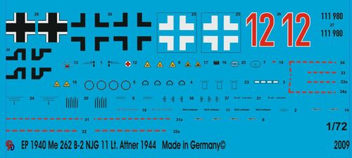 Peddinghaus-Decals 1940 Me 262 B-2 NJG 11 Lt. Attner 1944
