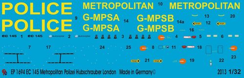 Peddinghaus-Decals 1694 EC 145 Metropolitan Police Helicopter London G-MPSA
