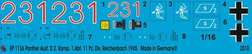 Peddinghaus-Decals 1136 Panther 2. Comp. 1 Abt. 11 Pz Div. 1945 Reichenbach