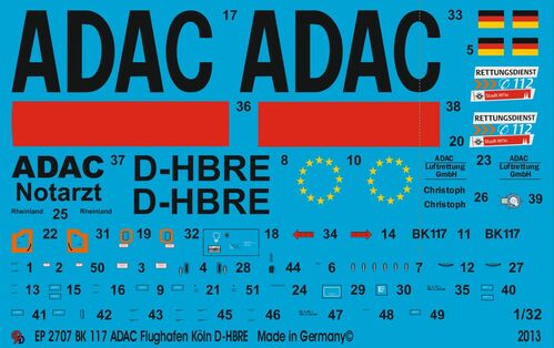 Peddinghaus-Decals 2707 BK 117 ADAC Rescue Helicopter Köln Airport D-HBRE