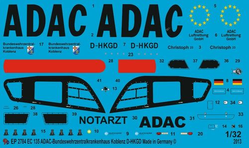 Peddinghaus-Decals 2784 EC 135 ADAC Rescue Helicopter German Army - Central Hospital Koblenz D-HKGD
