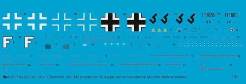 Peddinghaus-Decals 3187 Me 262 A-2 1./KG 51 Brunnthal, May 1945, Captured By US Troops On A Highway Close to Munich