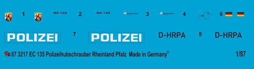 Peddinghaus-Decals 3217 EC 135 German Police Helicopter Rheinland Palatinate