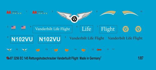 Peddinghaus-Decals 3256 EC 145 Rescue Helicopter Vanderbuilt Life Flight USA
