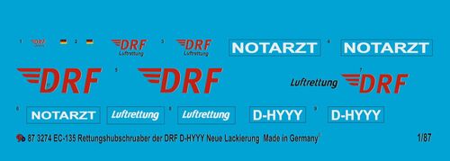 Peddinghaus-Decals 3274 EC 135 Rescue Helicopter Of The DRF D-HYYY New DRF Markings