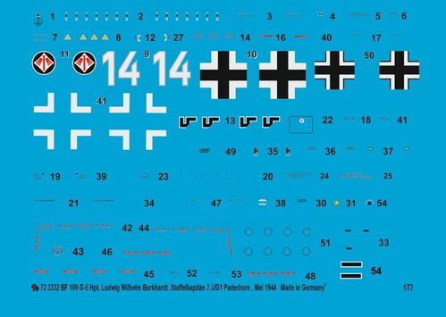 Peddinghaus-Decals 3332 Bf 109 G-5 Hpt. Ludwig Wilhelm Burkhardt, Group Captain 7./JG1 Paderborn 1944