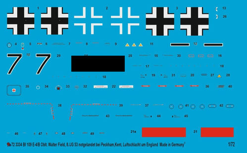 Peddinghaus-Decals 3334 Bf 109-E-4/B Oblt. Walter Field, 8/JG 53 Crash Landed In Peckham, Kent At 02.10.1940