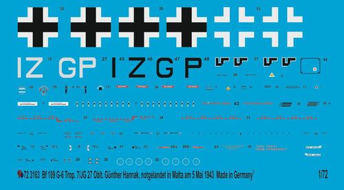 Peddinghaus-Decals 3163 BF 109 G-6 Trop W. Nr. 18046 Oblt. Günther Hannak 7/JG27 Crash Landed In Malta