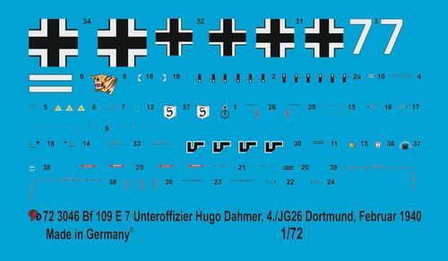 Peddinghaus-Decals 3046 Bf 109 E-7 Unteroffizier Hugo Dahmer, 4./JG 26 Dortmund, February 1940