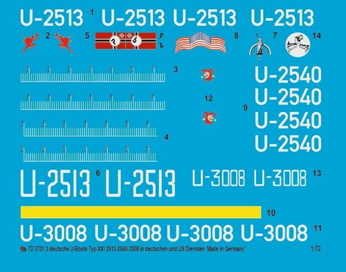 Peddinghaus-Decals 3731 3 German U-Boot Type XXI 2513-2540-3008 In German And US Service