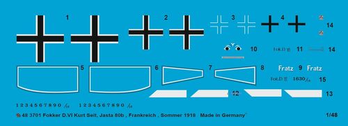 Peddinghaus-Decals 3701 Fokker D.VI Kurt Seit, Jasta 80b, France, Summer 1918