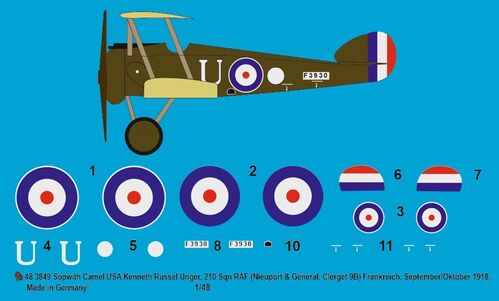 Peddinghaus-Decals 3849 Sopwith Camel USA Kenneth Russel Unger, 210 Sqn Raf, F3930 (Nieuport And General, Clerget 9B), France, September/October 1918