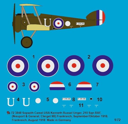 Peddinghaus-Decals 3848 Sopwith Camel USA Kenneth Russel Unger, 210 Sqn Raf, F3930 (Nieuport And General, Clerget 9B), France, September/October 1918