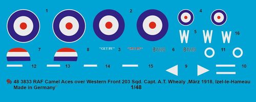 Peddinghaus-Decals 3833 Sopwith Camel RAF Capt. AT. Whealy, No 203 Sqn, Western Front, May 1918, Izel-les-Hameau