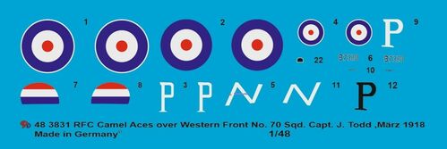 Peddinghaus-Decals 3831 Sopwith Camel RFC Capt. J. Todd, No 70 Sqn, Western Front, March 1918