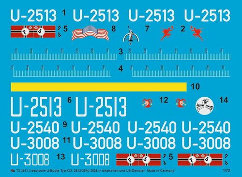 Peddinghaus-Decals 3911 3 German Submarines Type XXI, 2513-2540-3008 In German And US Service