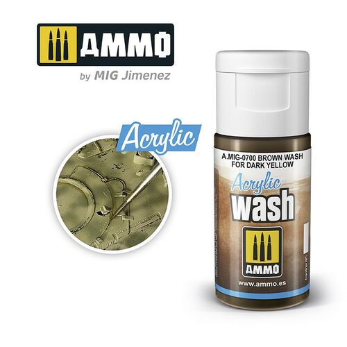AMMO of Mig Jimenez A.MIG 0700 ACRYLIC WASH Brown Wash for Dark Yellow