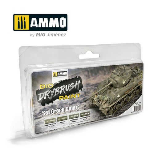 AMMO of Mig Jimenez A.MIG 7301 DRYBRUSH Set Green Colors