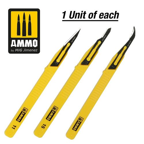 AMMO of Mig Jimenez 8691 Mini Blade Set – 3 pcs. (1 Mini Blade Straight + 1 Mini Blade Curved + 1 Mini Blade Ripper)