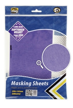 AMMO of Mig Jimenez 8245 Softouch Velvet Masking Sheets 1mm Grid (x5 sheets, 290mm x 145mm, adhesive)