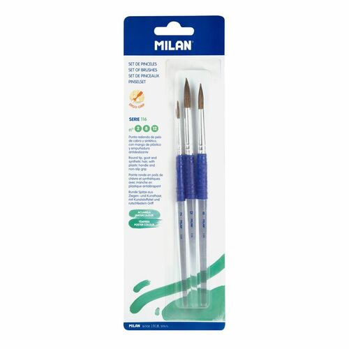 MILAN 10463 Blister pack 3 round brushes (natural + synthetic) ergo plastic handle 116 series nº 2, 8 and 12