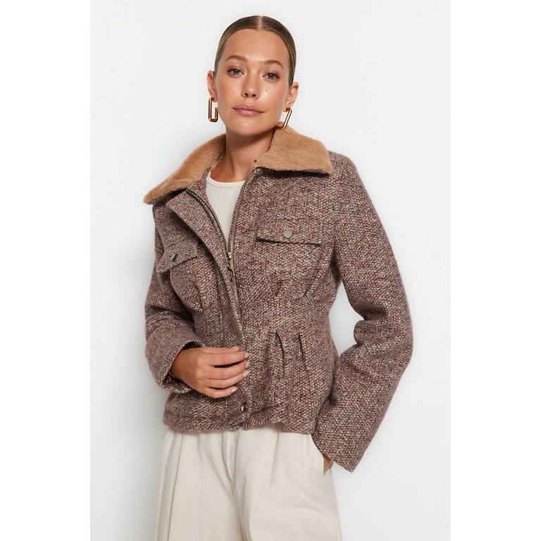 Trendyol Brown Plush Collar Tweed Cuff Coat