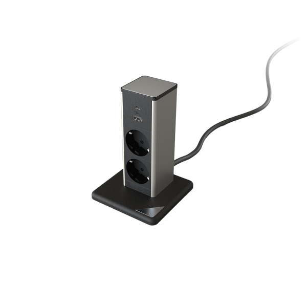 STAND UP 2xSHUKO SOCKET+1xUSB A/C 20W, BLACK/INOX