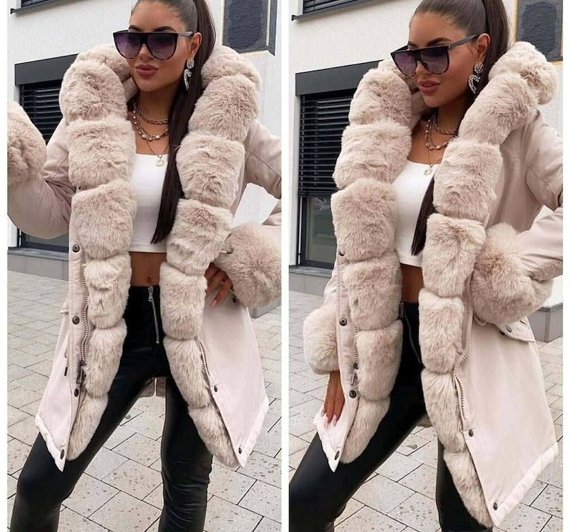 Ženska zimska parka sa krznom – bež/puđ boje - Dugi model sa