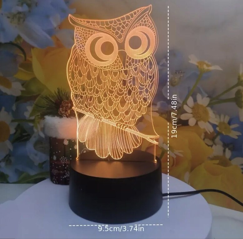 3D LED noćna lampa – Sova - Dekorativna 3D akrilna ploča sa laserski