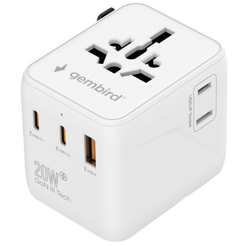 Gembird Univerzalni putni adapter za napajanje 3xUSB 20W, US/UK/EU/AU TPA-1A2C20-01-W