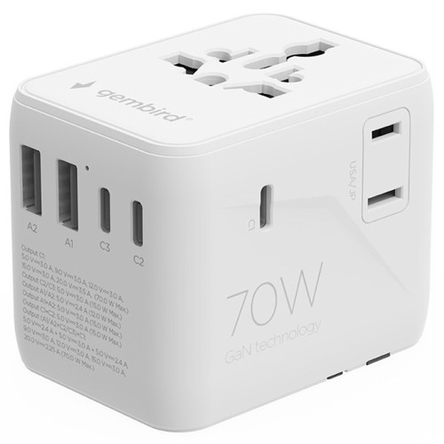 Gembird Univerzalni putni adapter za napajanje 5xUSB 70W, US/UK/EU/AU TPA-2A3C70-01-W